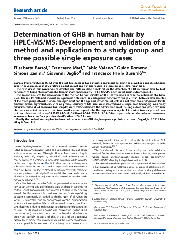 (PDF) Determination of GHB in human hair by HPLC-MS/MS: Development and validation of a method ...