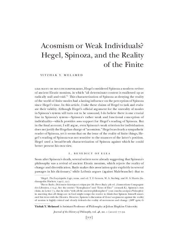(PDF) “Acosmism or Weak Individuals? Hegel, Spinoza, and the Reality of ...