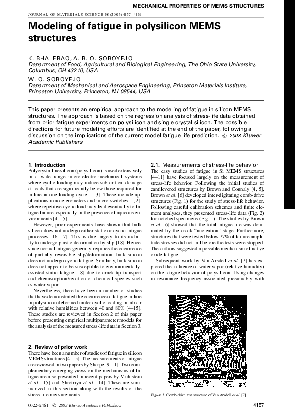 (PDF) Modeling of fatigue in polysilicon MEMS structures