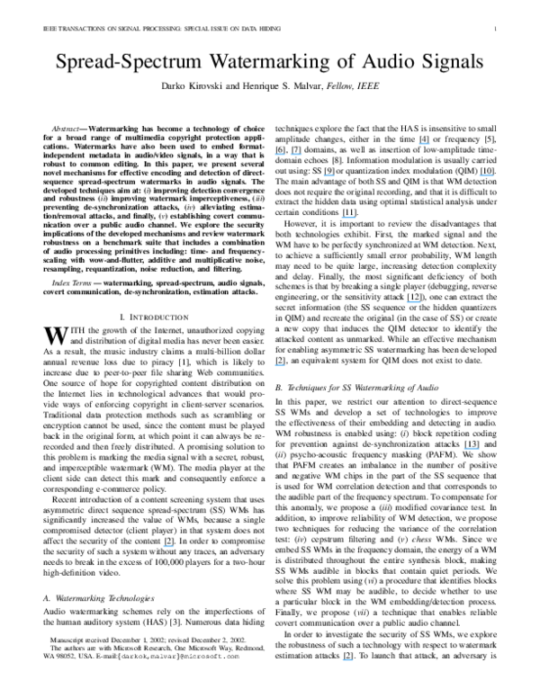 (PDF) Spread-spectrum watermarking of audio signals