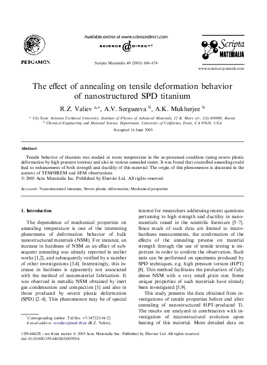 Pdf Annealing Effects On Tensile Behavior Of Spd Titanium