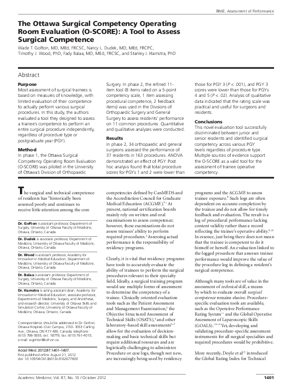 (PDF) The Ottawa Surgical Competency Operating Room Evaluation (O-SCORE)