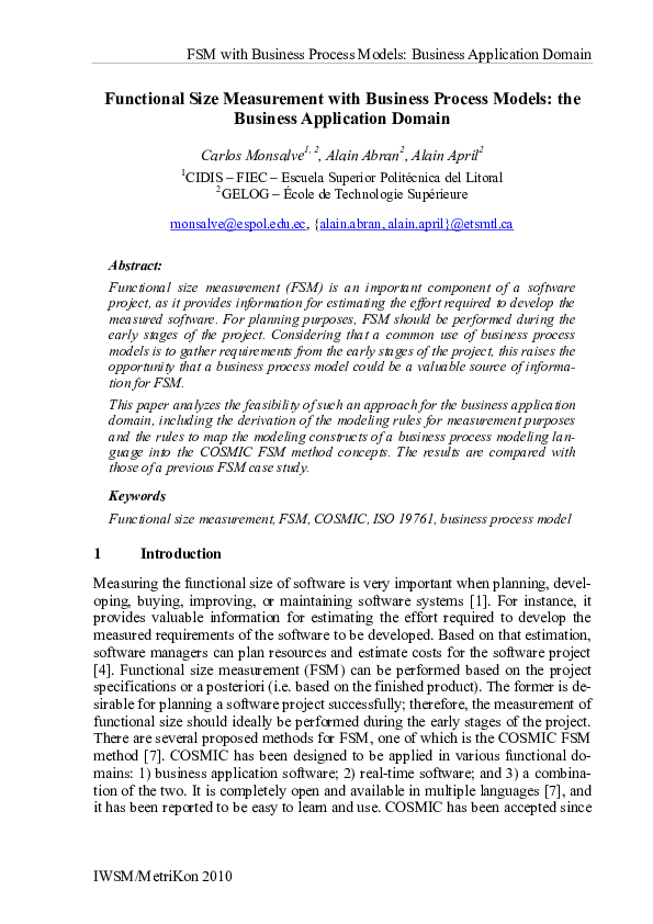 Pdf Functional Size Measurement With Business Process Models The Business Application Domain