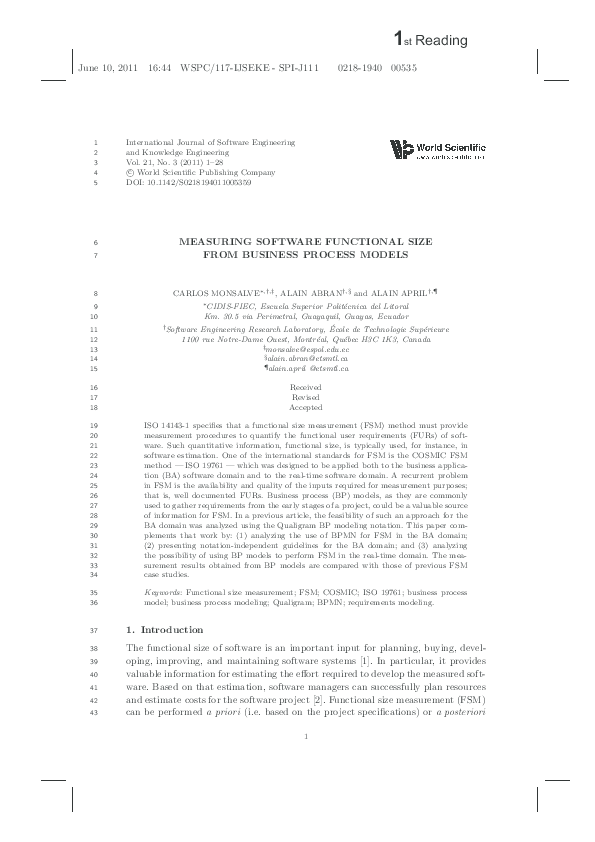 (PDF) Measuring Software Functional Size from Business Process Models