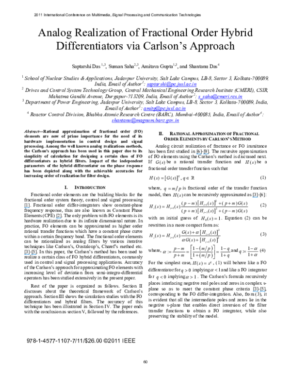 Pdf Analog Realization Of Fractional Order Hybrid Differentiators Via Carlsons Approach