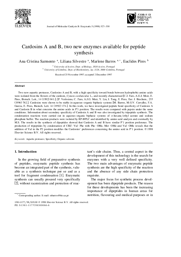 (PDF) Cardosins A and B, two new enzymes available for peptide synthesis