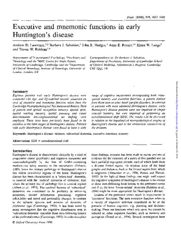 (PDF) Executive and mnemonic functions in early Huntington's disease