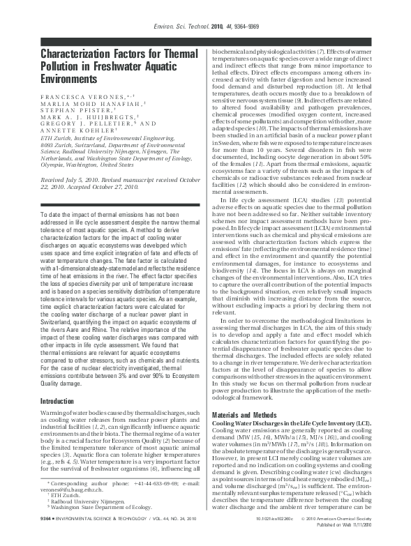 (PDF) Characterization factors for thermal pollution in freshwater ...