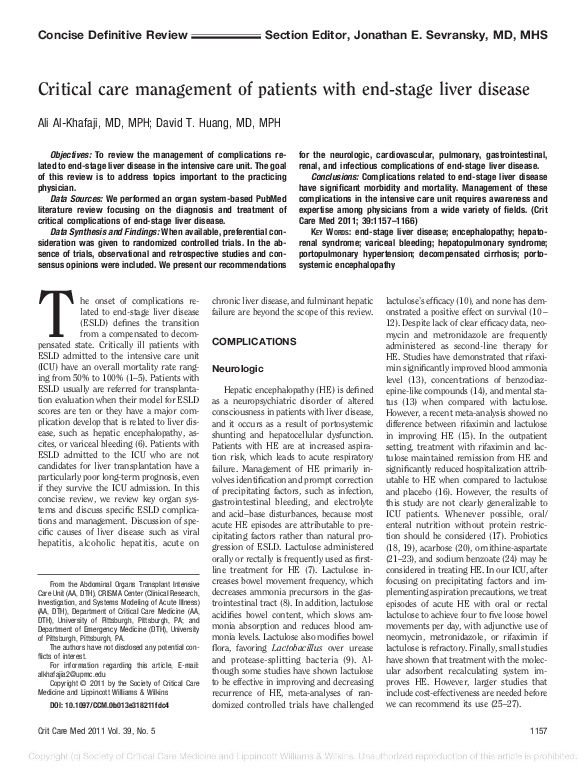 (PDF) Critical care management of patients with end-stage liver disease
