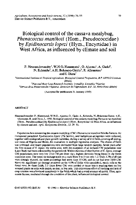Pdf Biological Control Of The Cassava Mealybug Phenacoccus Manihoti