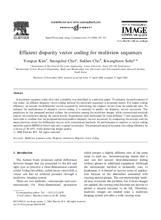 (PDF) Efficient disparity vector coding for multi-view 3D displays