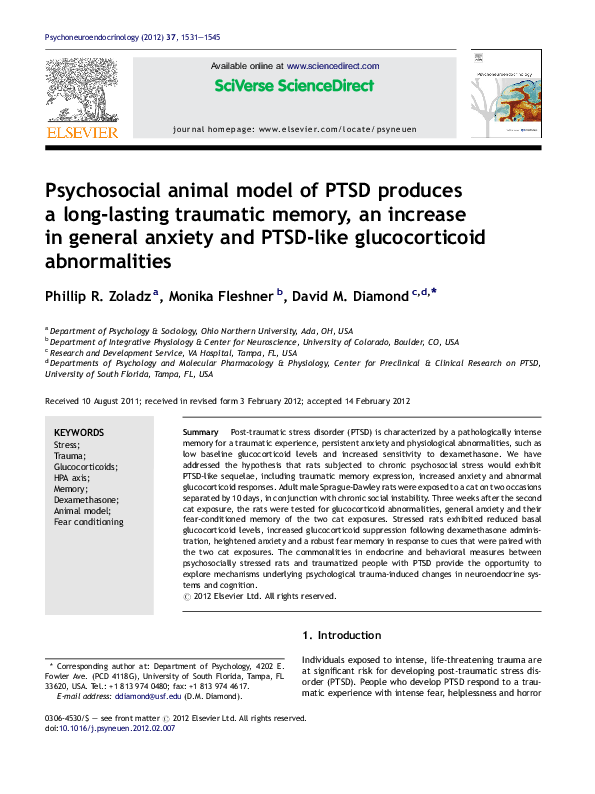 (PDF) Psychosocial animal model of PTSD produces a long-lasting ...