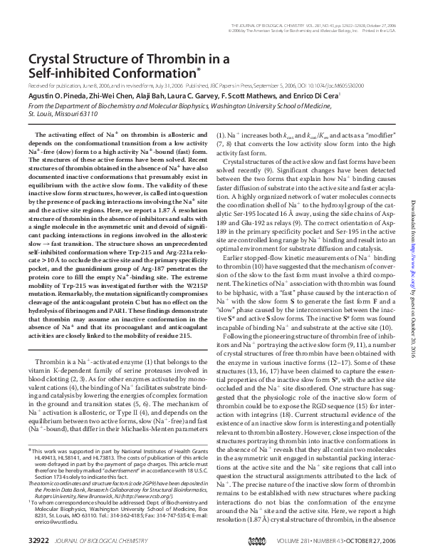 (PDF) Crystal Structure of Thrombin in a Self-inhibited Conformation