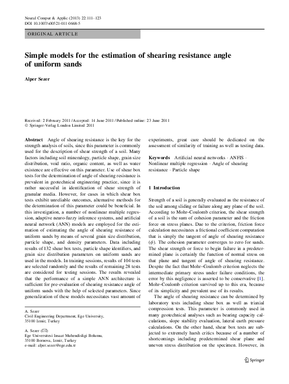 (PDF) Simple models for the estimation of shearing resistance angle of ...