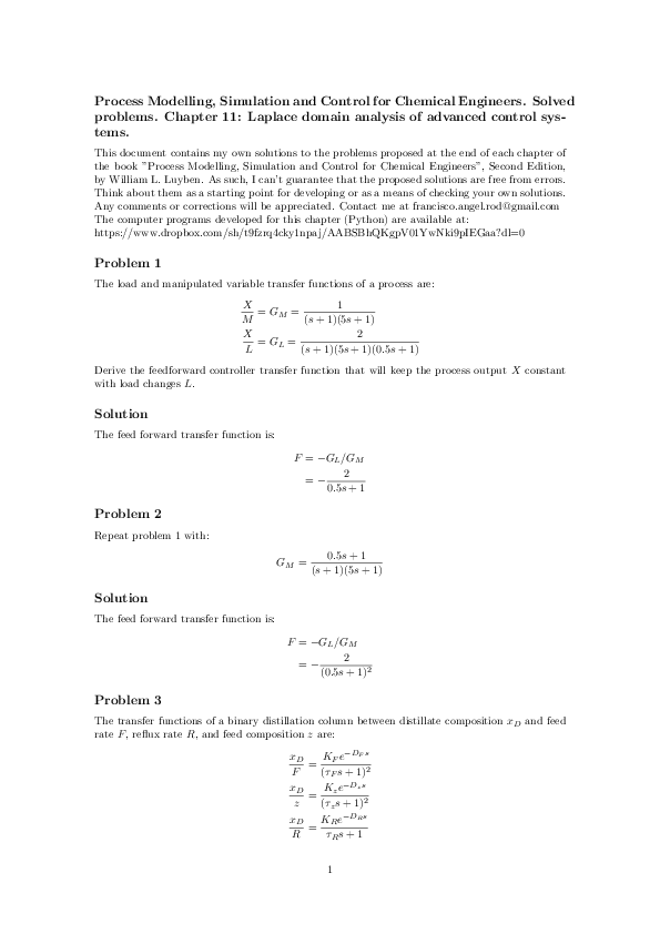 Process Modelling, Simulation and Control for Chemical Engineers. Solved problems. Chapter 11 ...