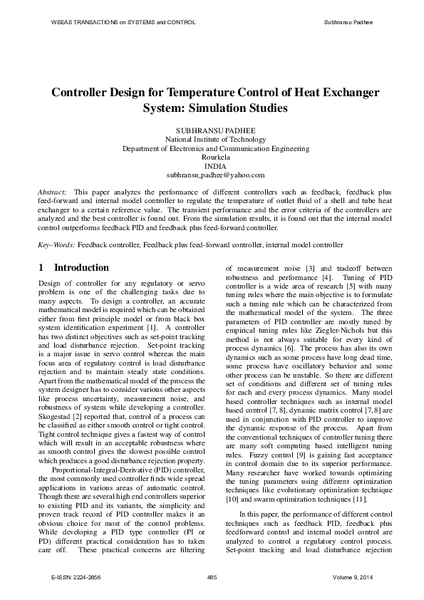 (PDF) Controller Design for Temperature Control of Heat Exchanger ...