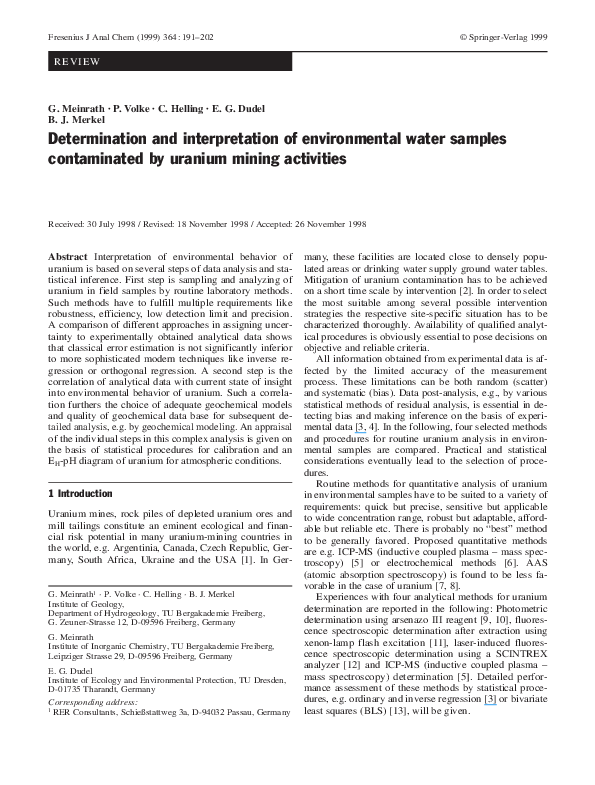 Pdf Determination And Interpretation Of Environmental Water Samples Contaminated By Uranium