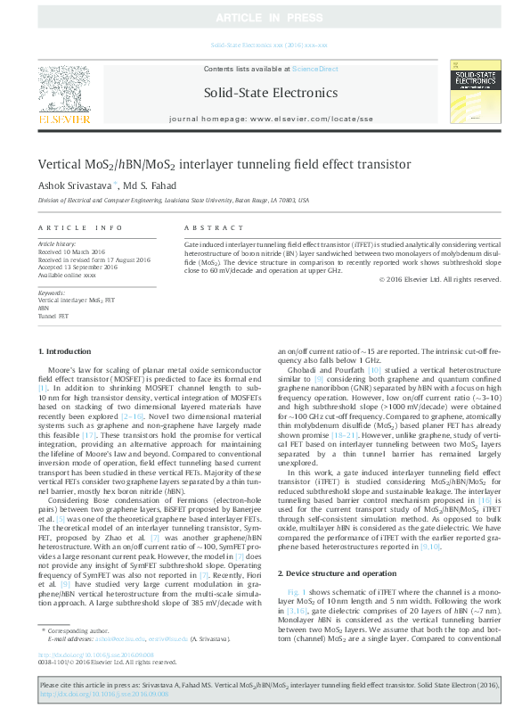(PDF) Vertical MoS 2 /hBN/MoS 2 interlayer tunneling field effect ...