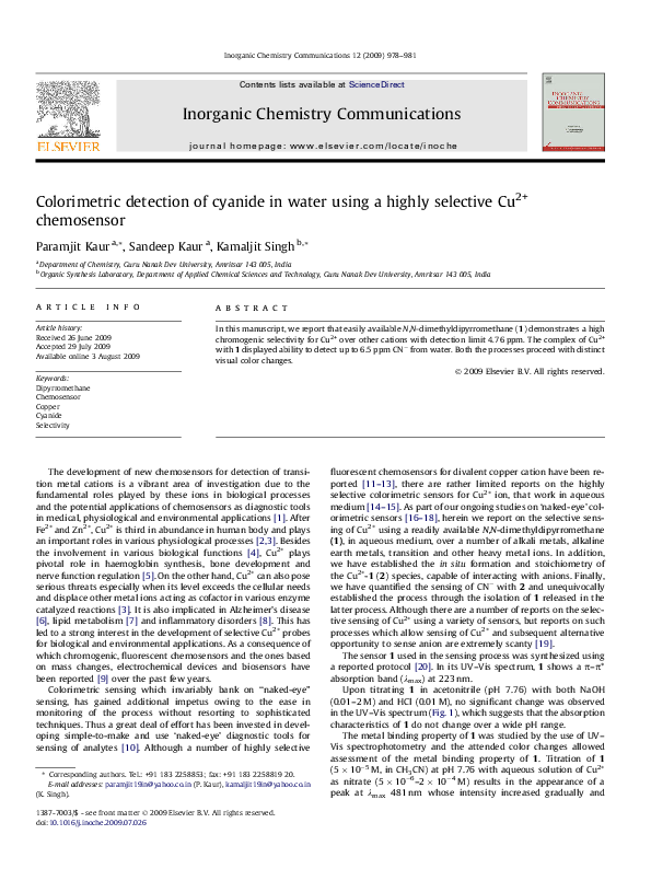 Pdf Colorimetric Detection Of Cyanide In Water Using A Highly Selective Cu 2 Chemosensor