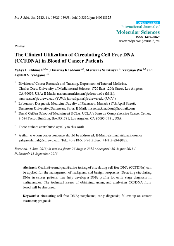 (PDF) The Clinical Utilization of Circulating Cell Free DNA (CCFDNA) in Blood of Cancer Patients