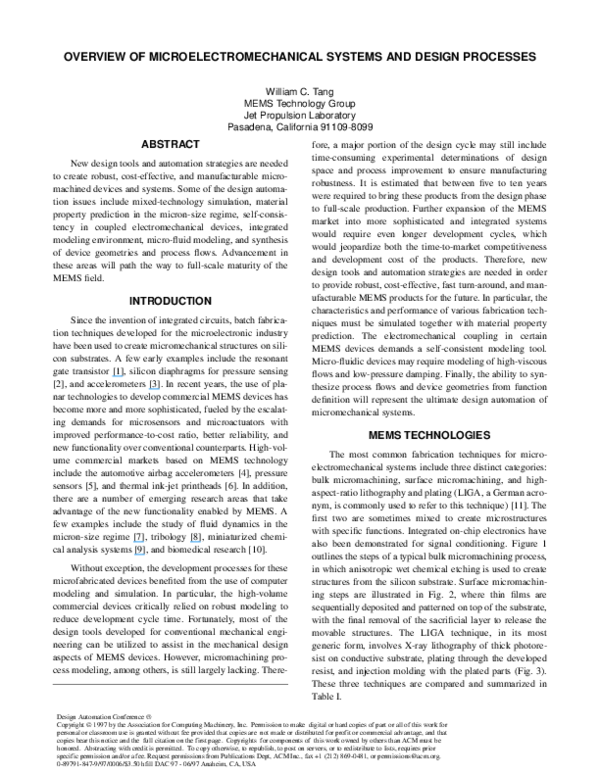 (PDF) Overview of microelectromechanical systems and design processes