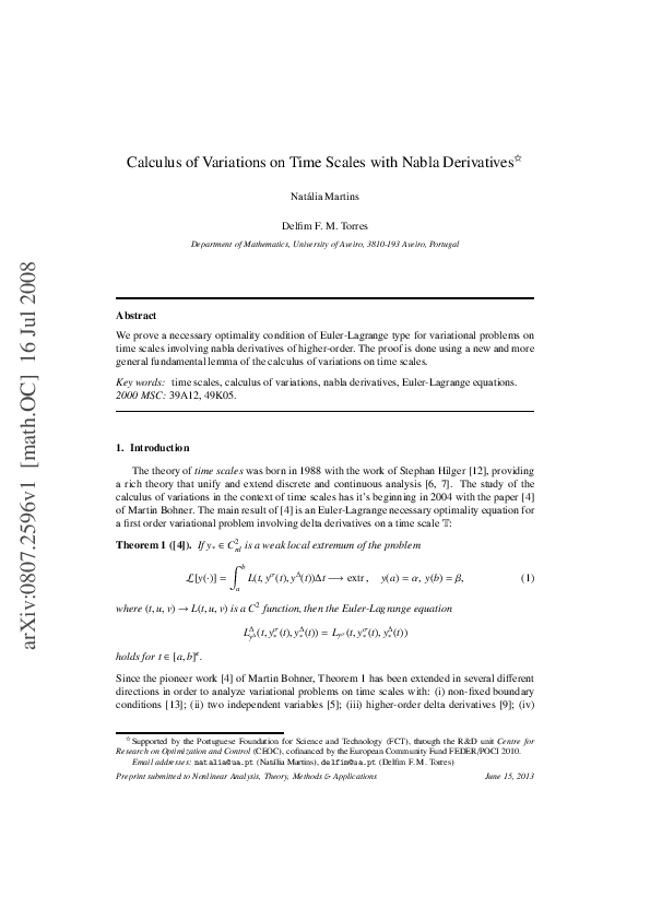 Pdf Calculus Of Variations On Time Scales With Nabla Derivatives