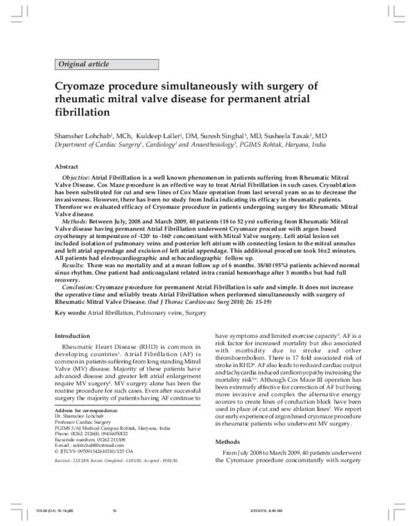 (PDF) Cryomaze procedure simultaneously with surgery of rheumatic mitral valve disease for ...