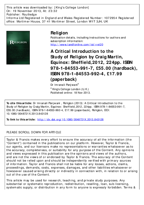 (PDF) Review: A Critical Introduction to the Study of Religion by Craig Martin