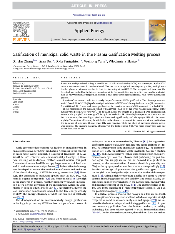 (PDF) Gasification of municipal solid waste in the Plasma Gasification ...