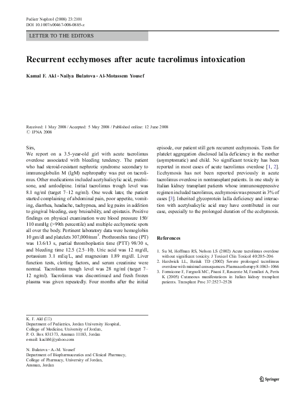 (PDF) Recurrent ecchymoses after acute tacrolimus intoxication