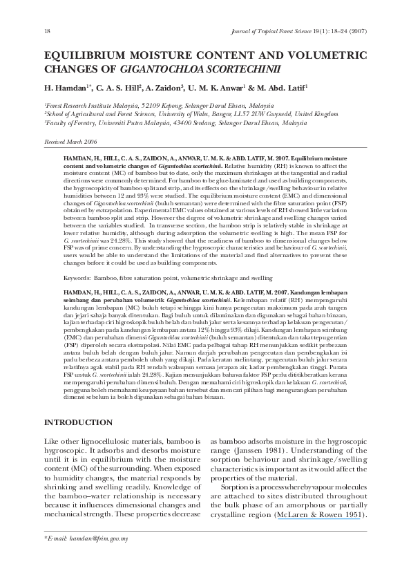 (PDF) Equilibrium moisture content and volumetric changes of Gigantochloa scortechinii
