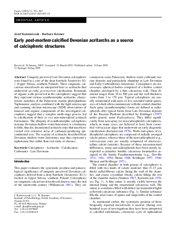 (PDF) Early post-mortem calcified Devonian acritarchs as a source of ...