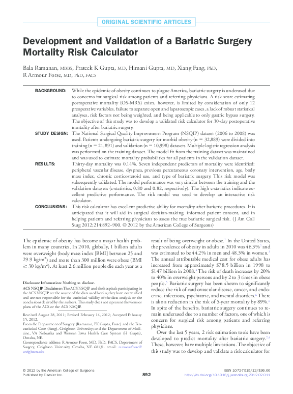(PDF) Development and Validation of a Bariatric Surgery Morbidity Risk ...