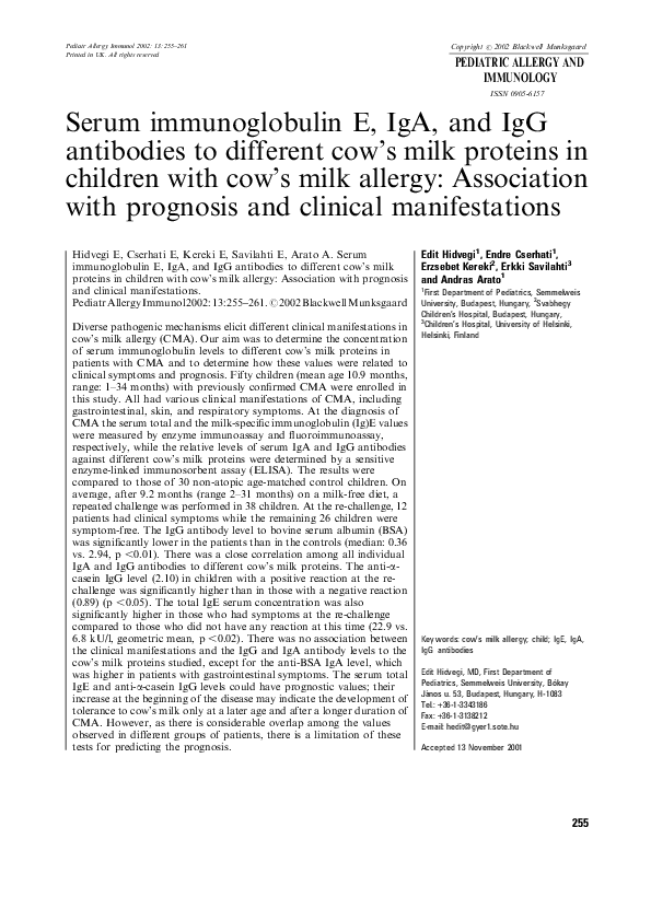 (PDF) Serum immunoglobulin E, IgA, and IgG antibodies to different cow's milk proteins in ...
