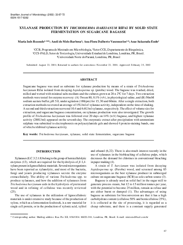(PDF) Xylanase production by Trichoderma harzianum rifai by solid state fermentation on ...