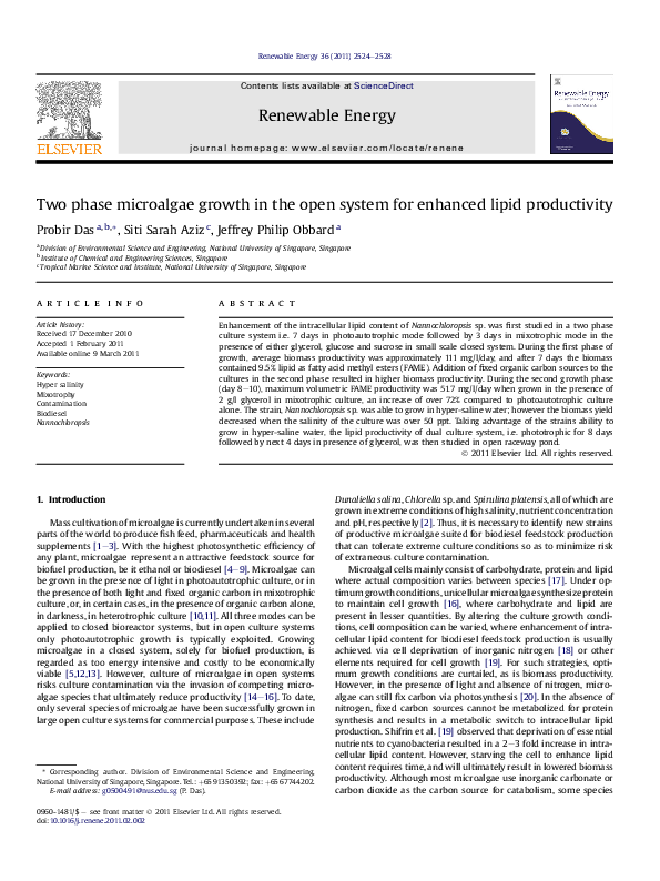 (PDF) Two phase microalgae growth in the open system for enhanced lipid ...