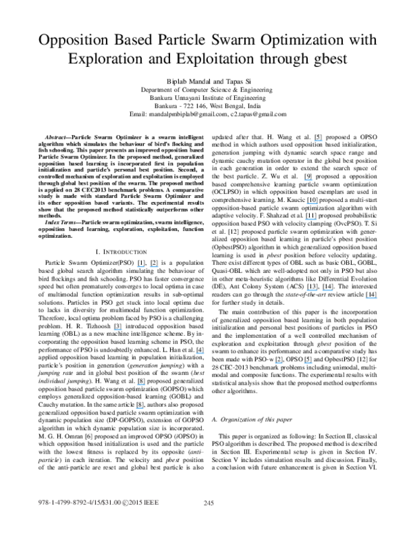 Pdf Opposition Based Particle Swarm Optimization With Velocity