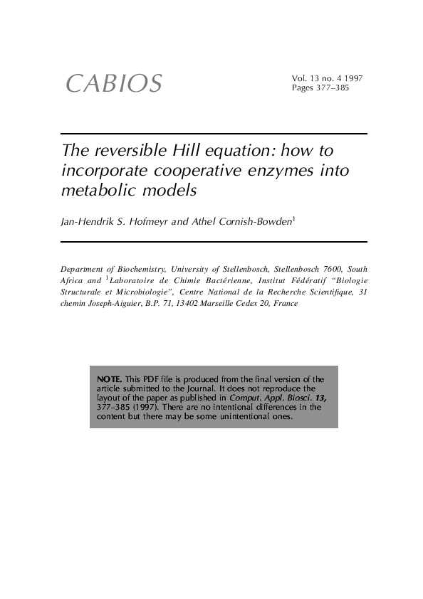 (PDF) The reversible Hill equation: how to incorporate cooperative ...