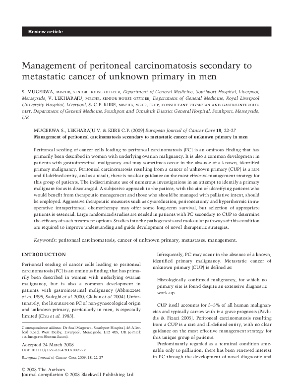 (PDF) Management of peritoneal carcinomatosis secondary to metastatic ...