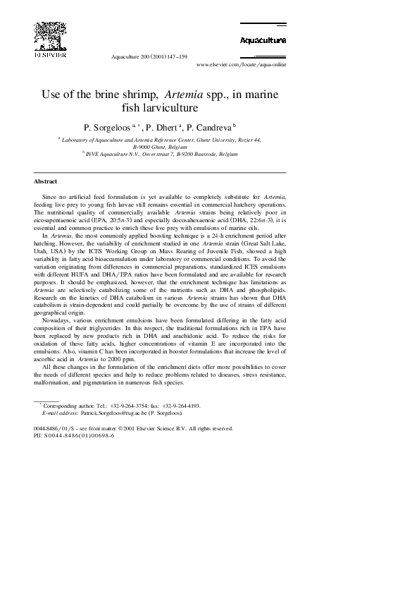 (PDF) Use of the brine shrimp, Artemia spp., in marine fish larviculture