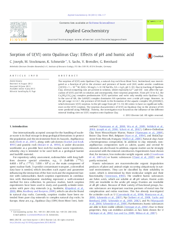 (PDF) Sorption of U(VI) onto Opalinus Clay: Effects of pH and humic acid