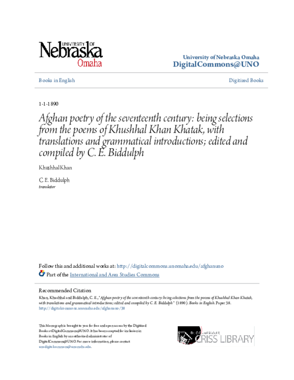 (PDF) Afghan poetry of the seventeenth century: being selections from ...