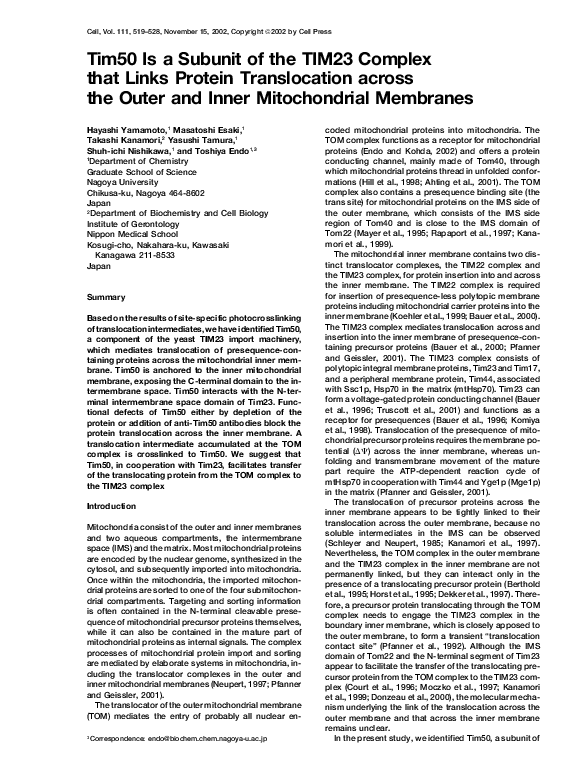 (PDF) Tim50 Is a Subunit of the TIM23 Complex that Links Protein ...