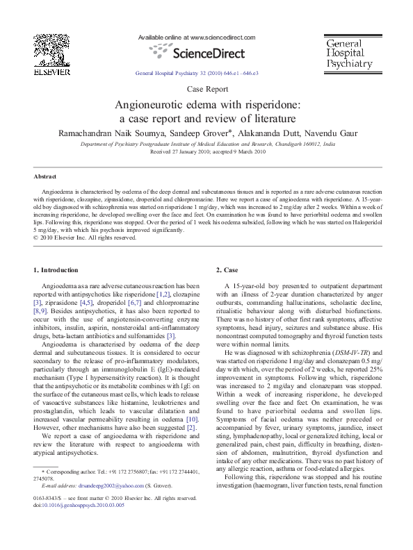 (PDF) Angioneurotic edema with risperidone: a case report and review of ...