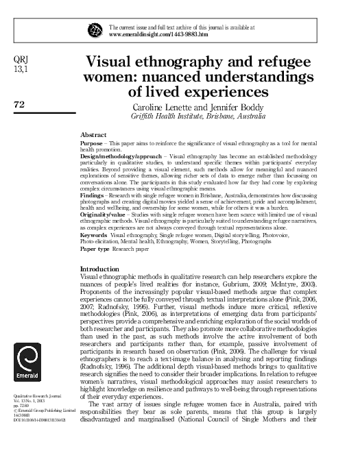 (PDF) Visual ethnography and refugee women: Nuanced understandings of lived experiences