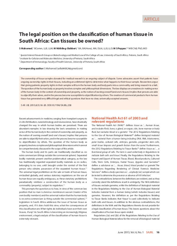 (PDF) The legal position on the classification of human tissue in South ...