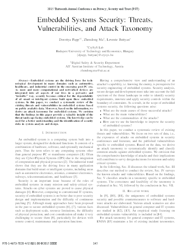 Pdf Embedded Systems Security Threats Vulnerabilities And Attack Taxonomy