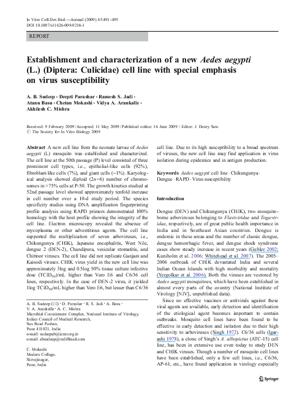 (PDF) Establishment and characterization of a new Aedes aegypti (L.) (Diptera: Culicidae) cell ...