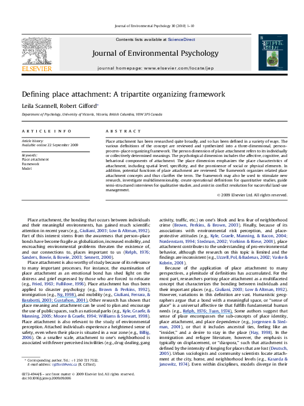 (PDF) Defining place attachment: A tripartite organizing framework