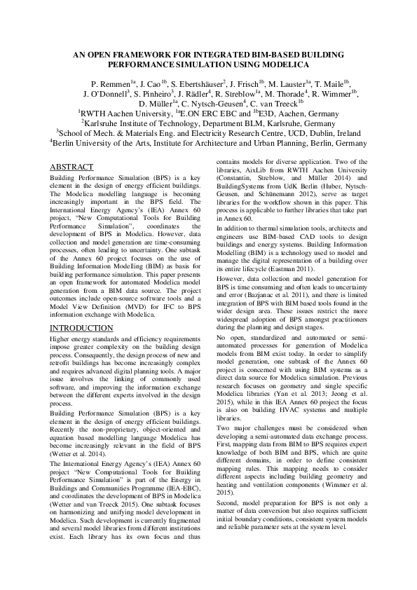 Pdf An Open Framework For Integrated Bim Based Building Performance Simulation Using Modelica
